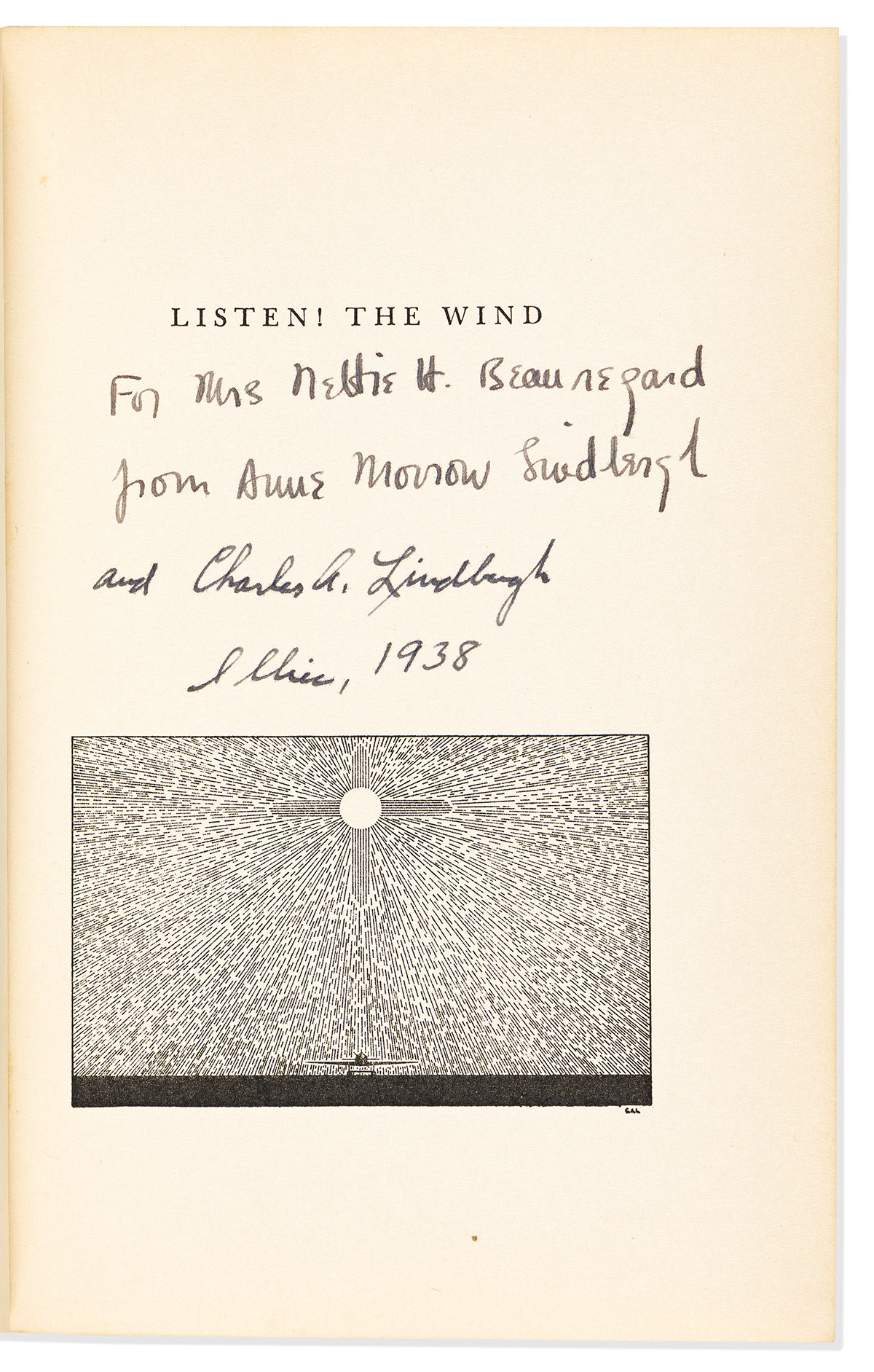 LINDBERGH, CHARLES A. Anne Morrow Lindbergh. Listen! The Wind. Dated ...