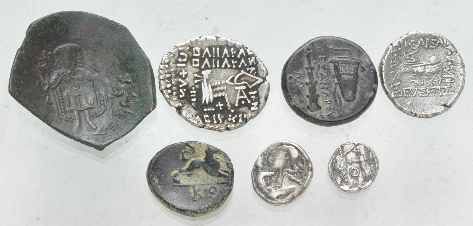 MIXED. Greek - Byzantine. Lot of seven (7) silver, billon, and bronze ...