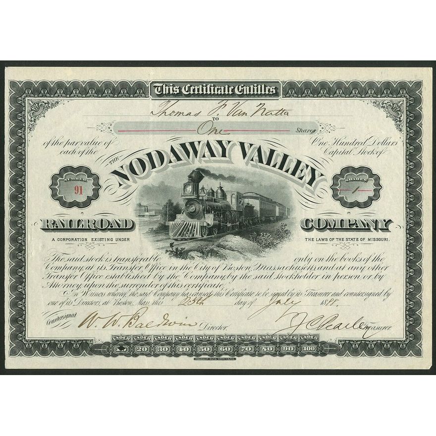 U.S.A.: Nodaway Valley Railroad Company, Missouri, $100 shares, 18[88 ...