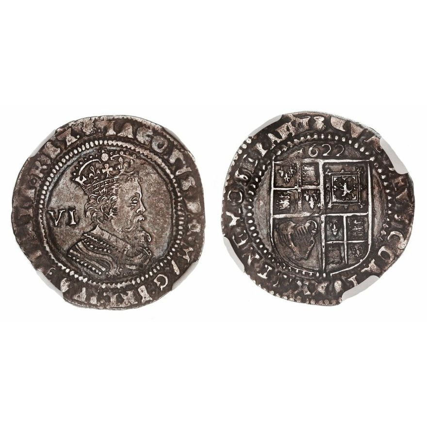 NGC AU55 | James I (1603-1625), Third Coinage, Sixpence, 1622, Tower ...
