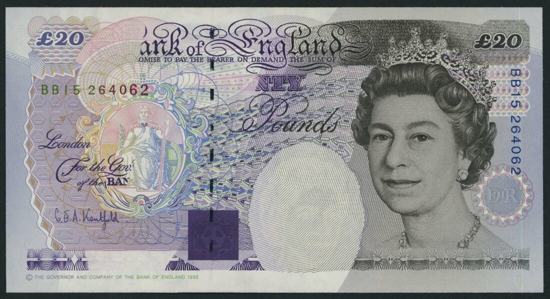 Bank of England, G. E. A. Kentfield, print missing error, £20, ND (1994 ...