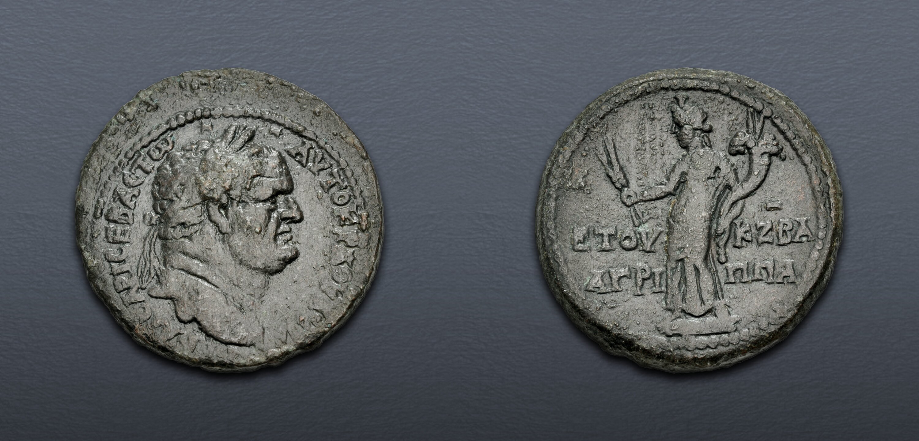 JUDAEA, Herodians. Agrippa II, with Vespasian. Circa 50-100 CE. Æ 8 or ...