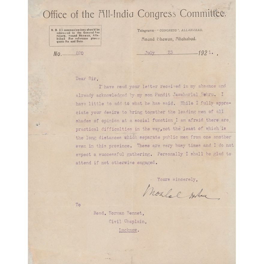 India Motilal Nehru (1861-1931) 1921 Typed letter signed by Nehru ...