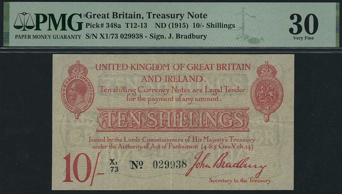 Treasury Series, John Bradbury, 10 Shillings, ND (1915), serial number ...