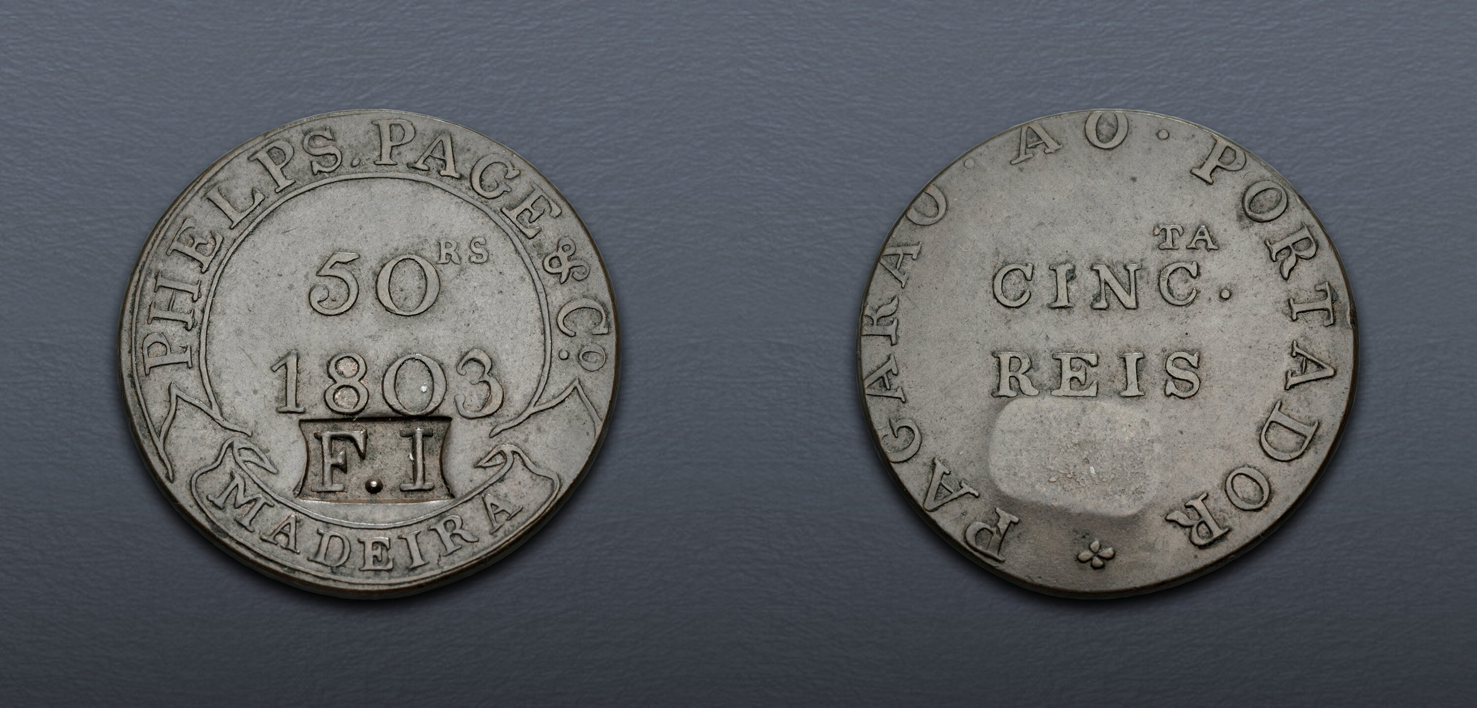 PORTUGAL, Madeira. Phelps, Page, & Co. CU 50 Réis Token (25mm, 5.45 g ...
