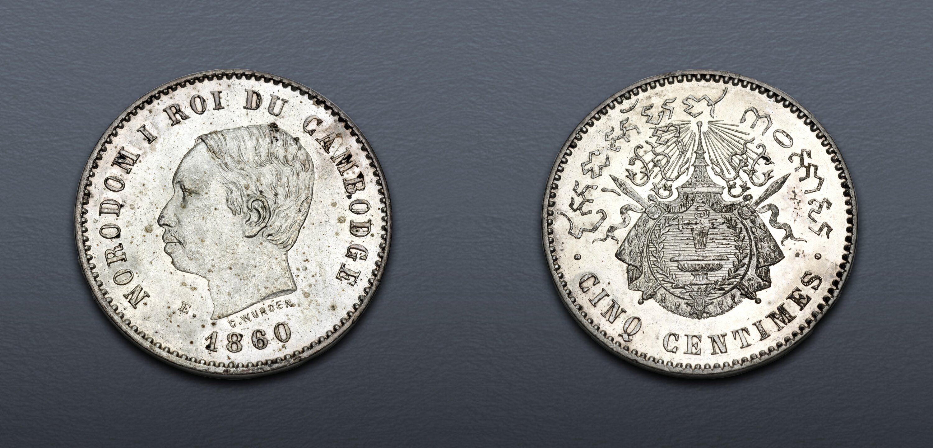 CAMBODIA, French Protectorate. Norodom I. 1860-1904. AR 5 Centimes ...