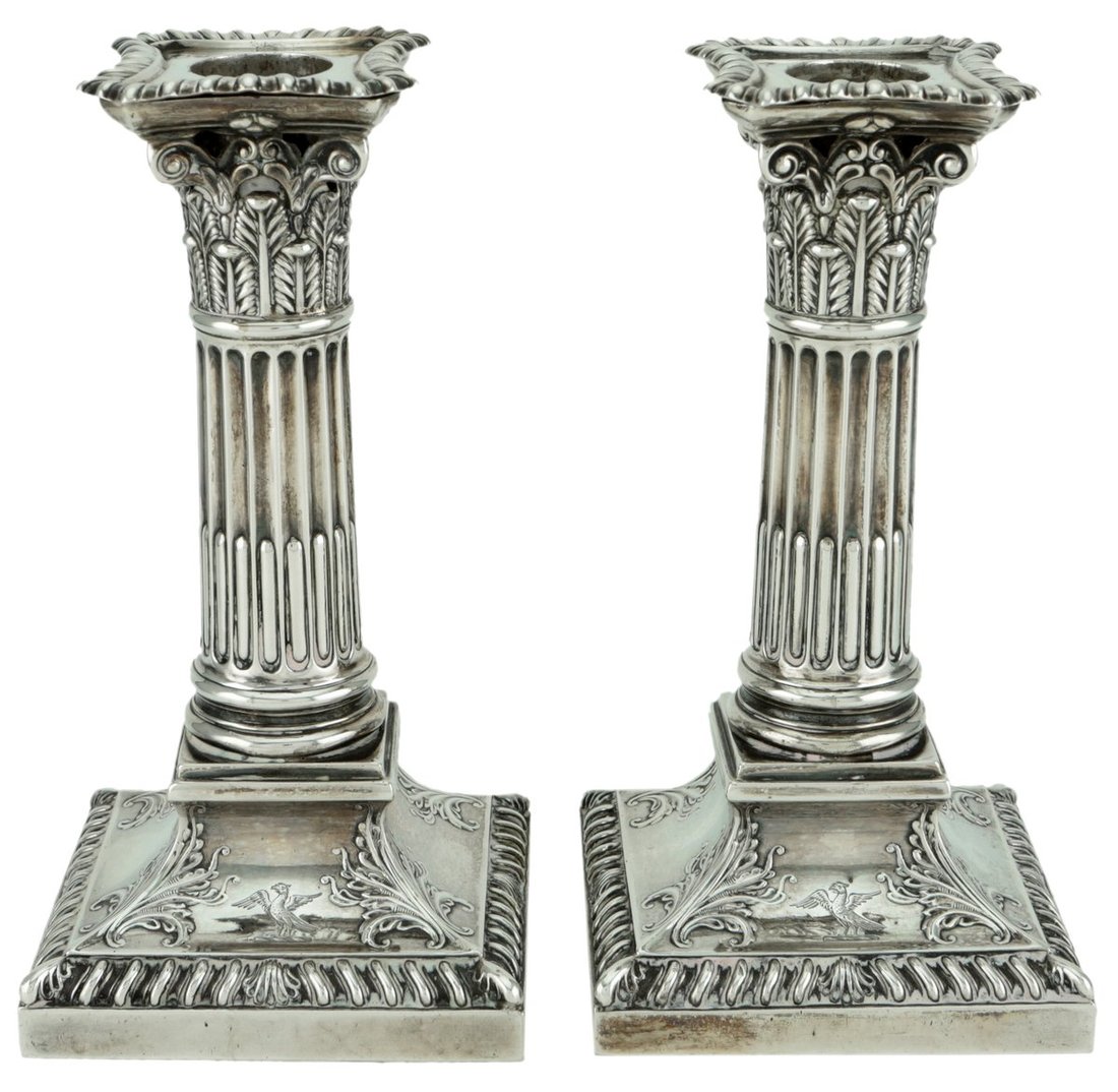 A Pair of Silver Corinthian Column Dwarf Candlesticks Hallmarks for ...