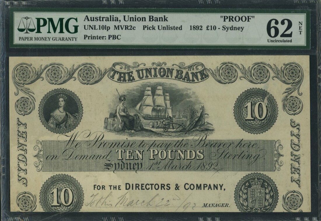 The Union Bank, Australia, proof £10, 1st March 1892, no serial number ...