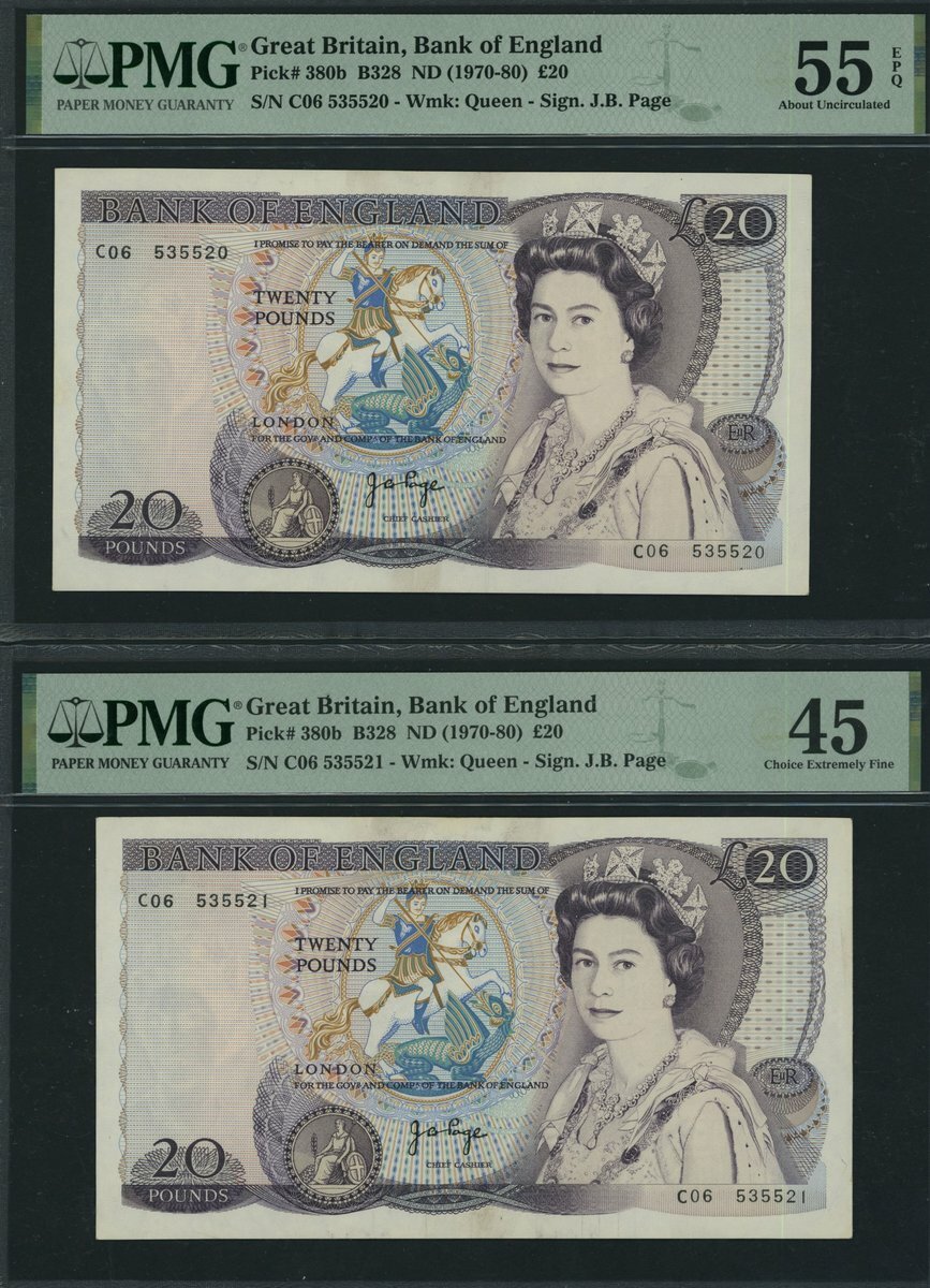 Bank of England, J. B. Page, [2 notes] consecutive pair 20 Pounds, ND ...