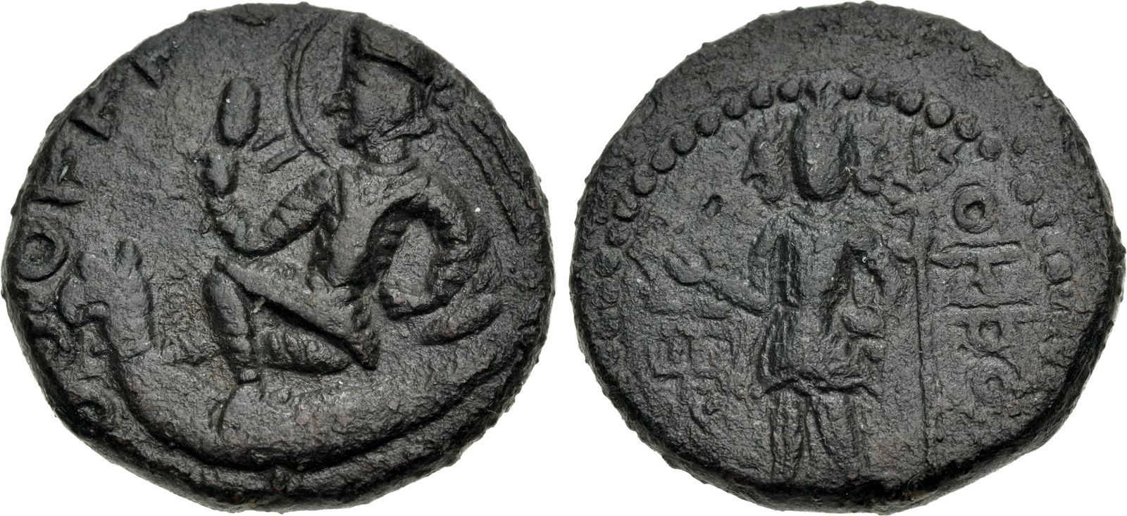 INDIA, Kushan Empire. Huvishka. Circa AD 151-190. Æ Tetradrachm (24mm ...