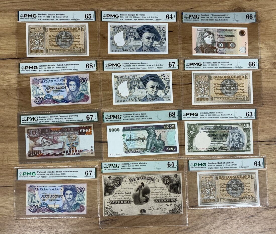 World Banknotes, [12 notes] $100, 1000 Kyats, 50 Francs, £1, £10, £50 ...