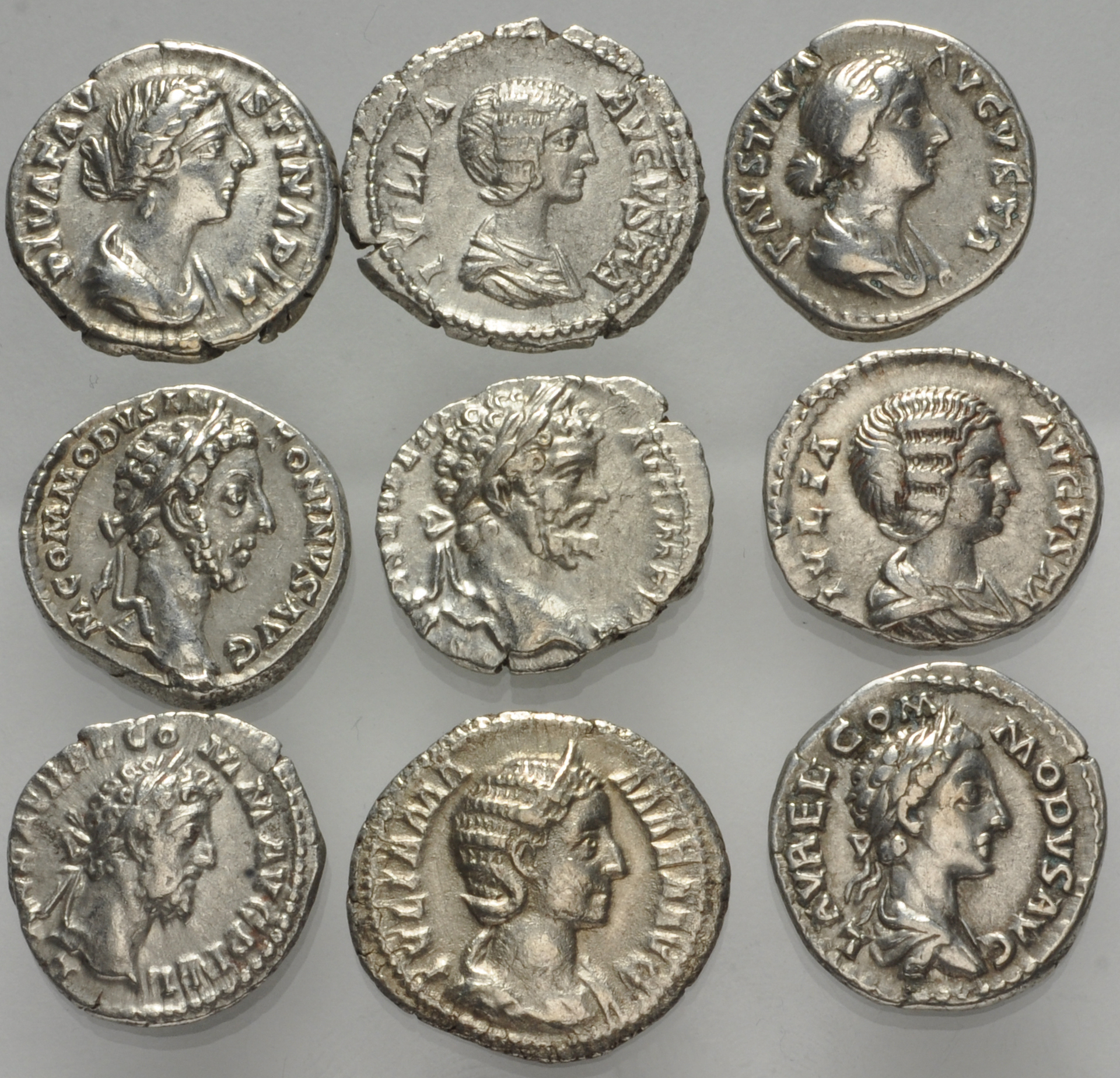 ROMAN. Imperial. Lot of nine (9) Antonine and Severan AR Denarii ...