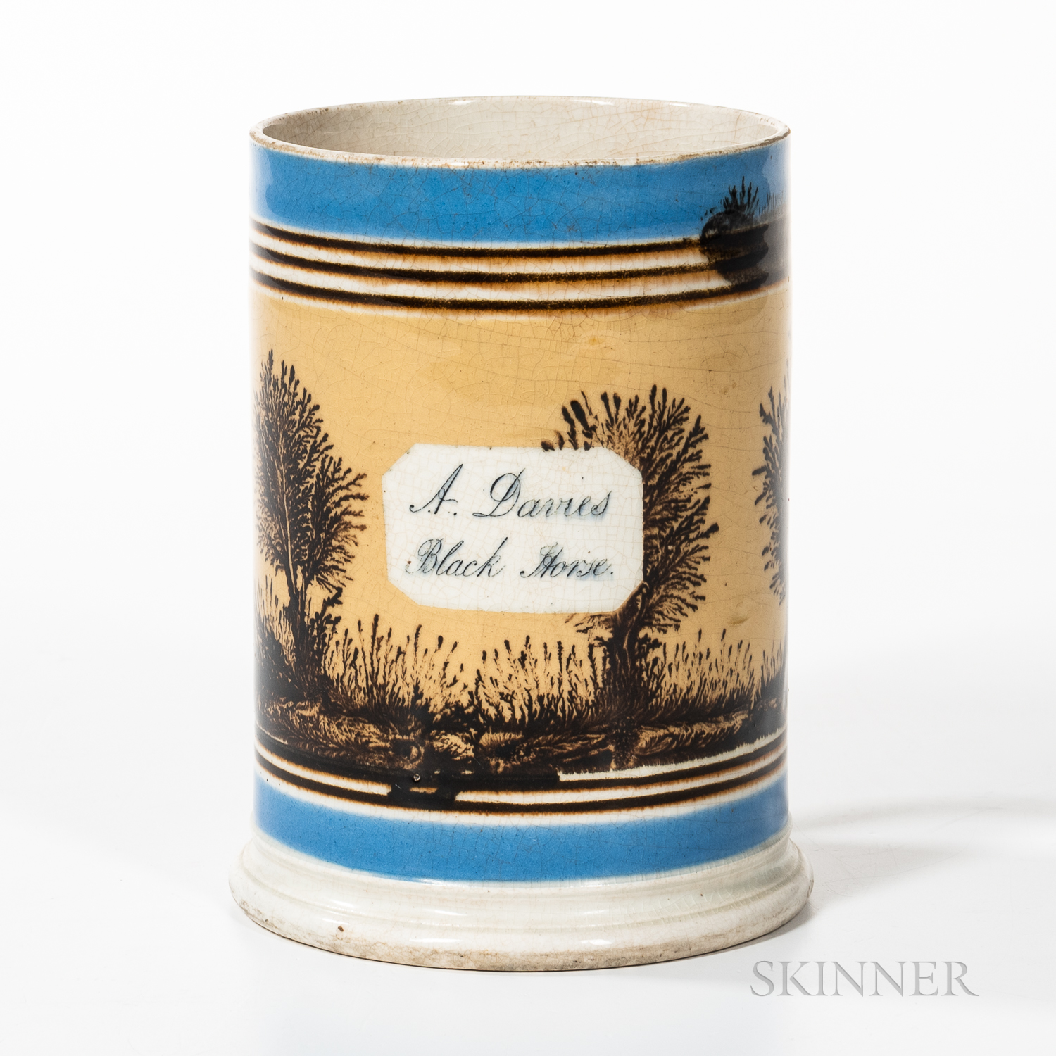 Mocha "Tree"- and Slip-decorated "Black Horse" Tavern Pearlware Quart ...