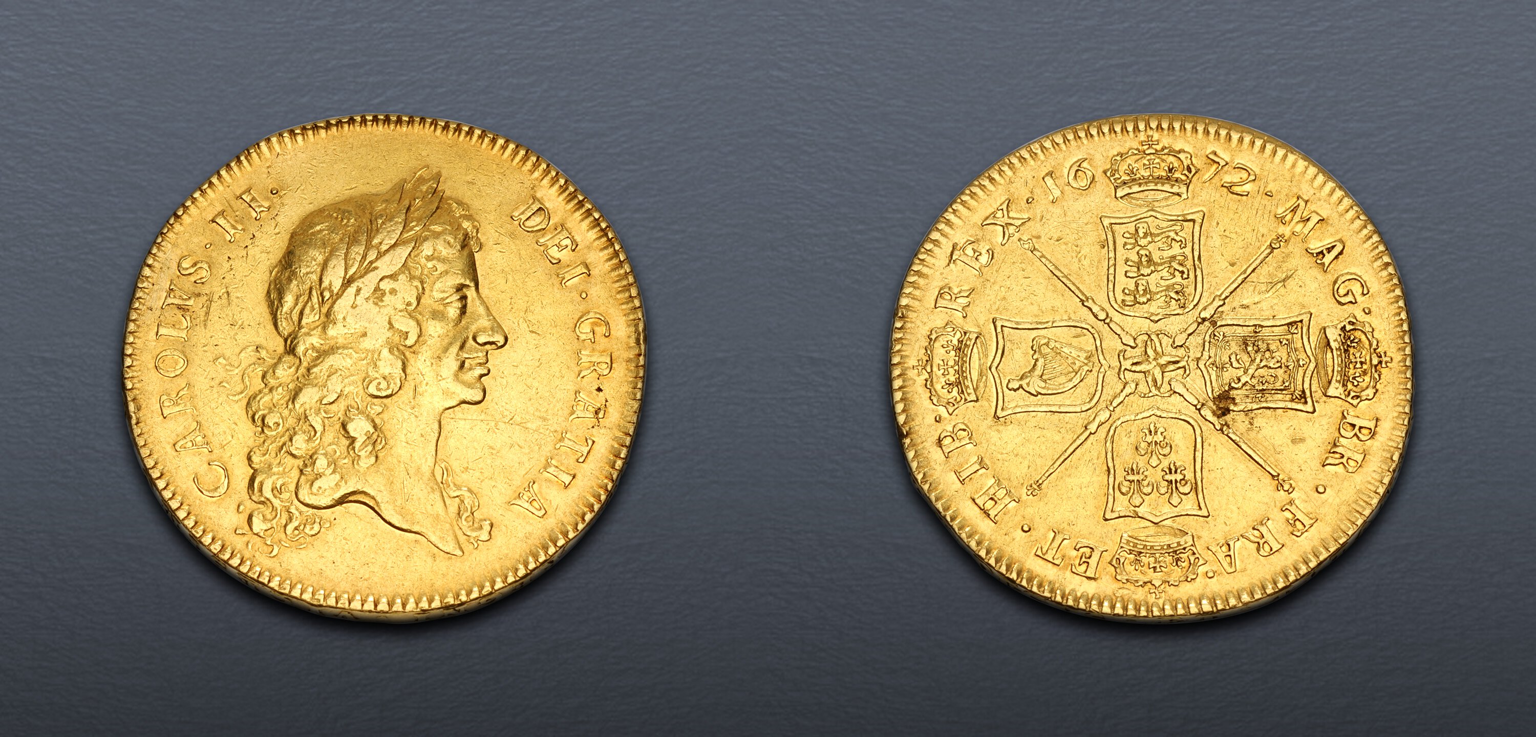 STUART. Charles II. 1660-1685. AV Five Guineas. Dated 1672 and RY V ...