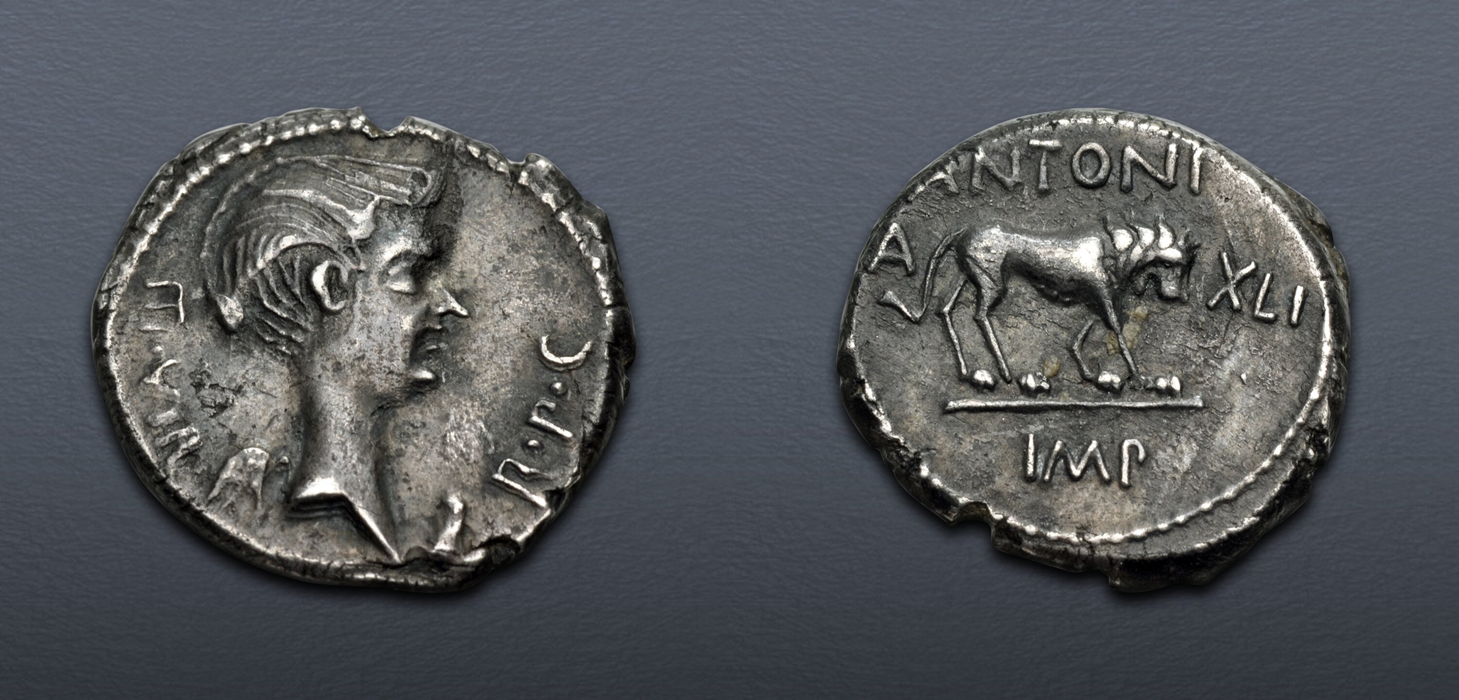 The Triumvirs. Mark Antony. Early 42 BC. AR Quinarius (13mm, 1.92 g, 5h ...