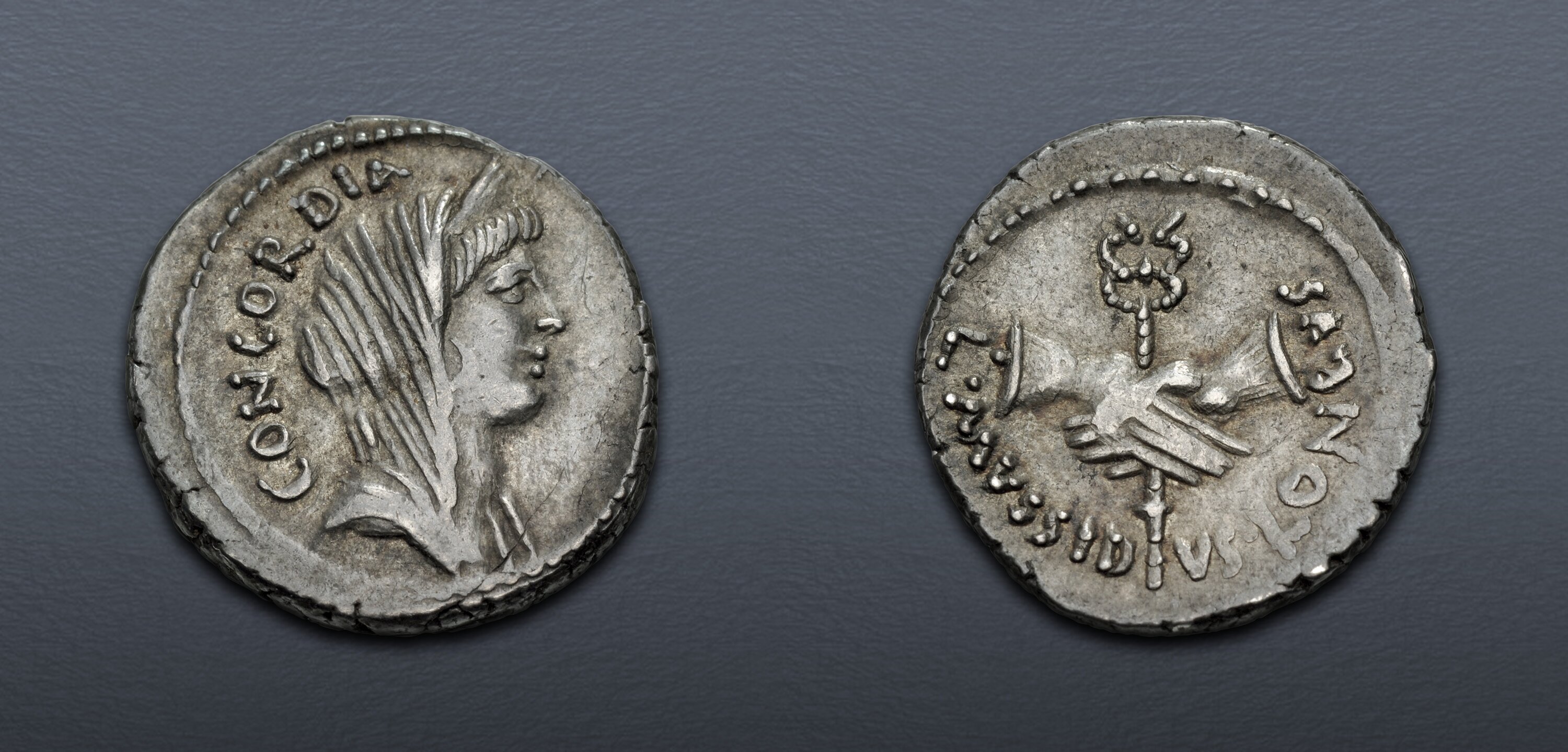 Moneyer issues of Imperatorial Rome. L. Mussidius Longus. 42 BC. AR ...