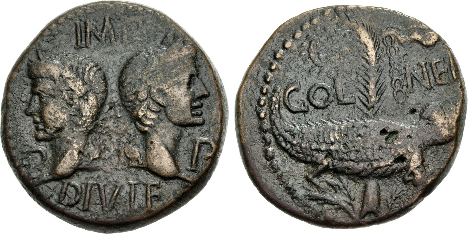 GAUL, Nemausus. Augustus, with Agrippa. 27 BC-AD 14. Æ Dupondius (25mm ...