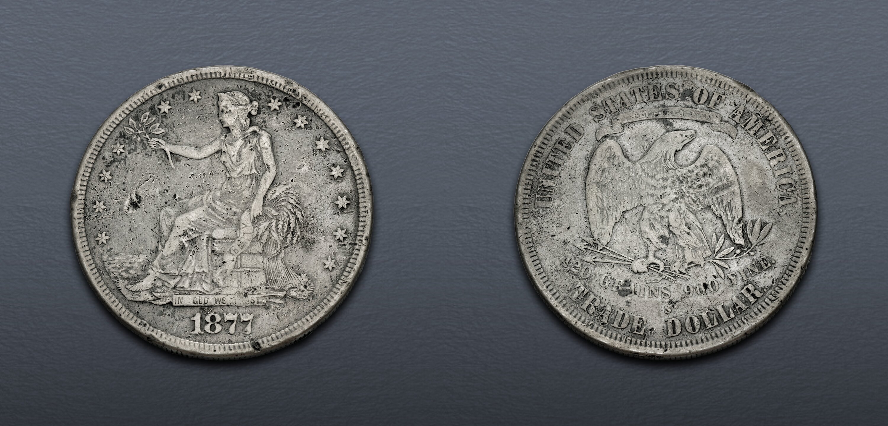 1877-S Trade Dollar. Fine. Numerous circulation marks, some deposits ...
