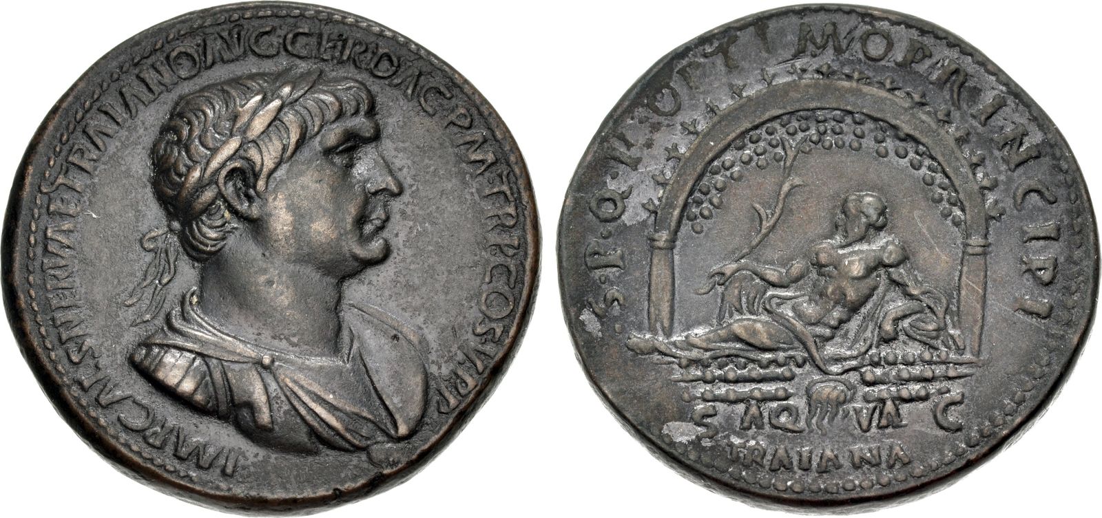 ANCIENT THEMES. Trajan. AD 97-117. Cast Æ “Sestertius” (35mm, 26.33 g, 6h). Paduan type. High ...