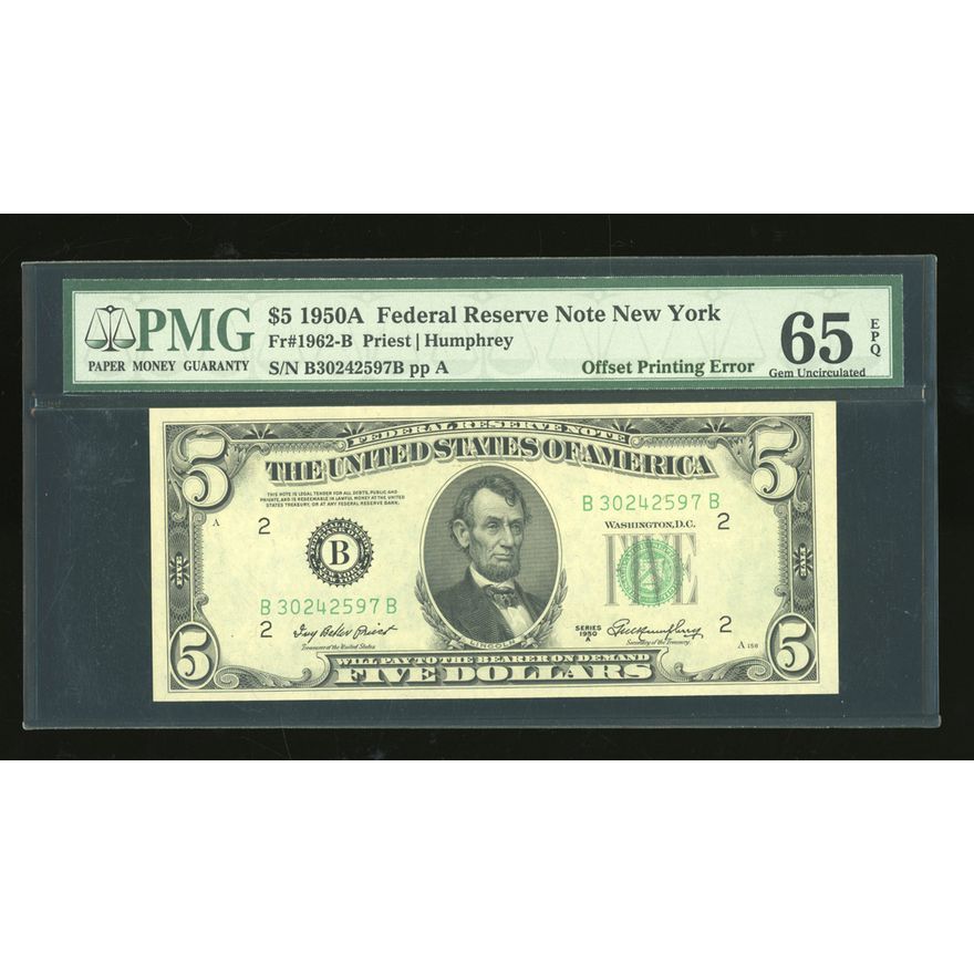 USA ERROR $5, 1950A, serial number B30242597B, | Spink