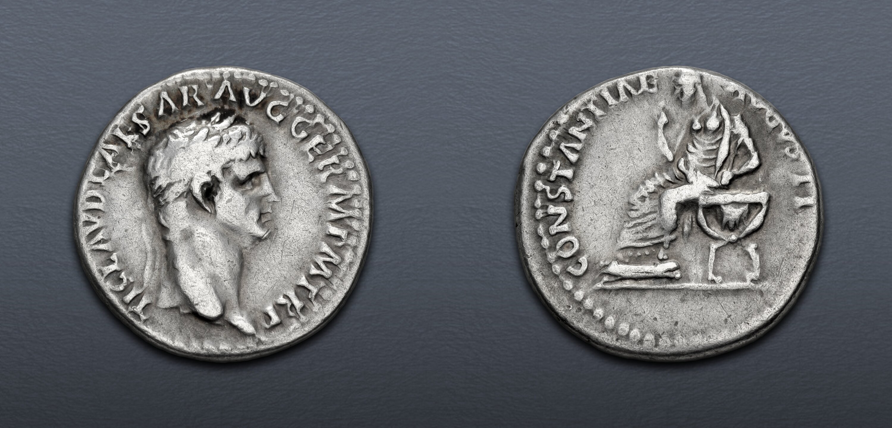 Claudius. AD 41-54. AR Denarius (18mm, 3.78 g, 3h). Lugdunum (Lyon ...