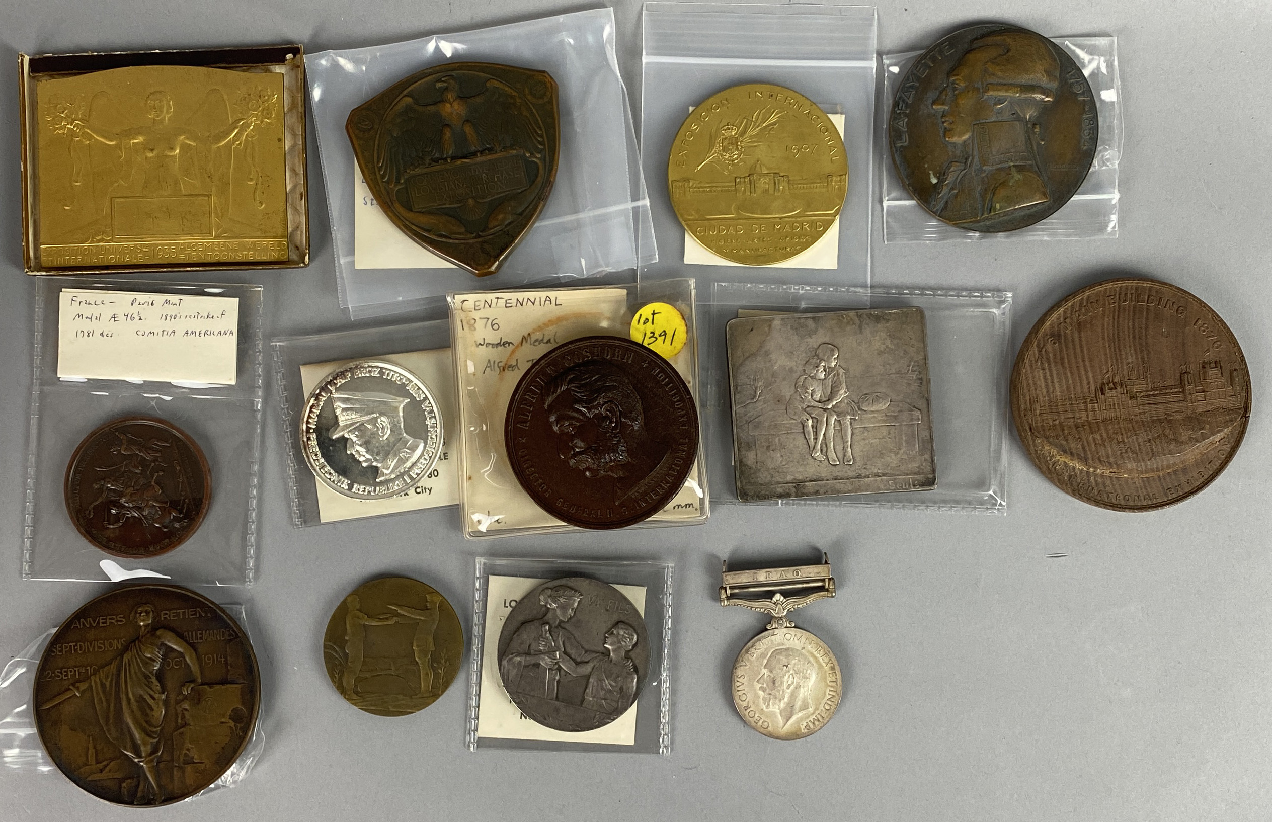 MIXED. World - British. Lot of thirteen (13) silver, bronze, and wood ...