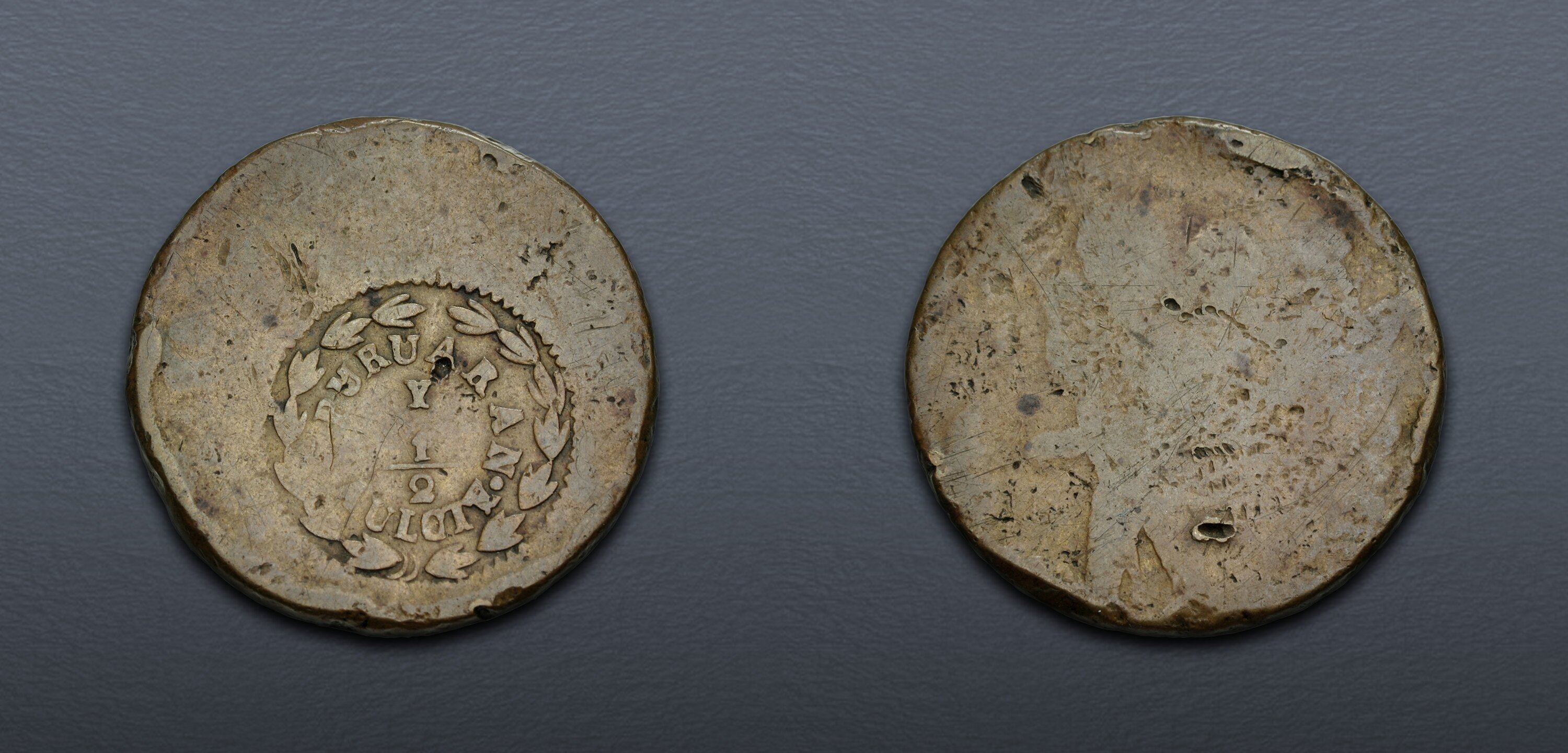 MEXICO, Tokens. Michoacan. Peruaran & Caulote. CU 1/2 Real Hacienda ...