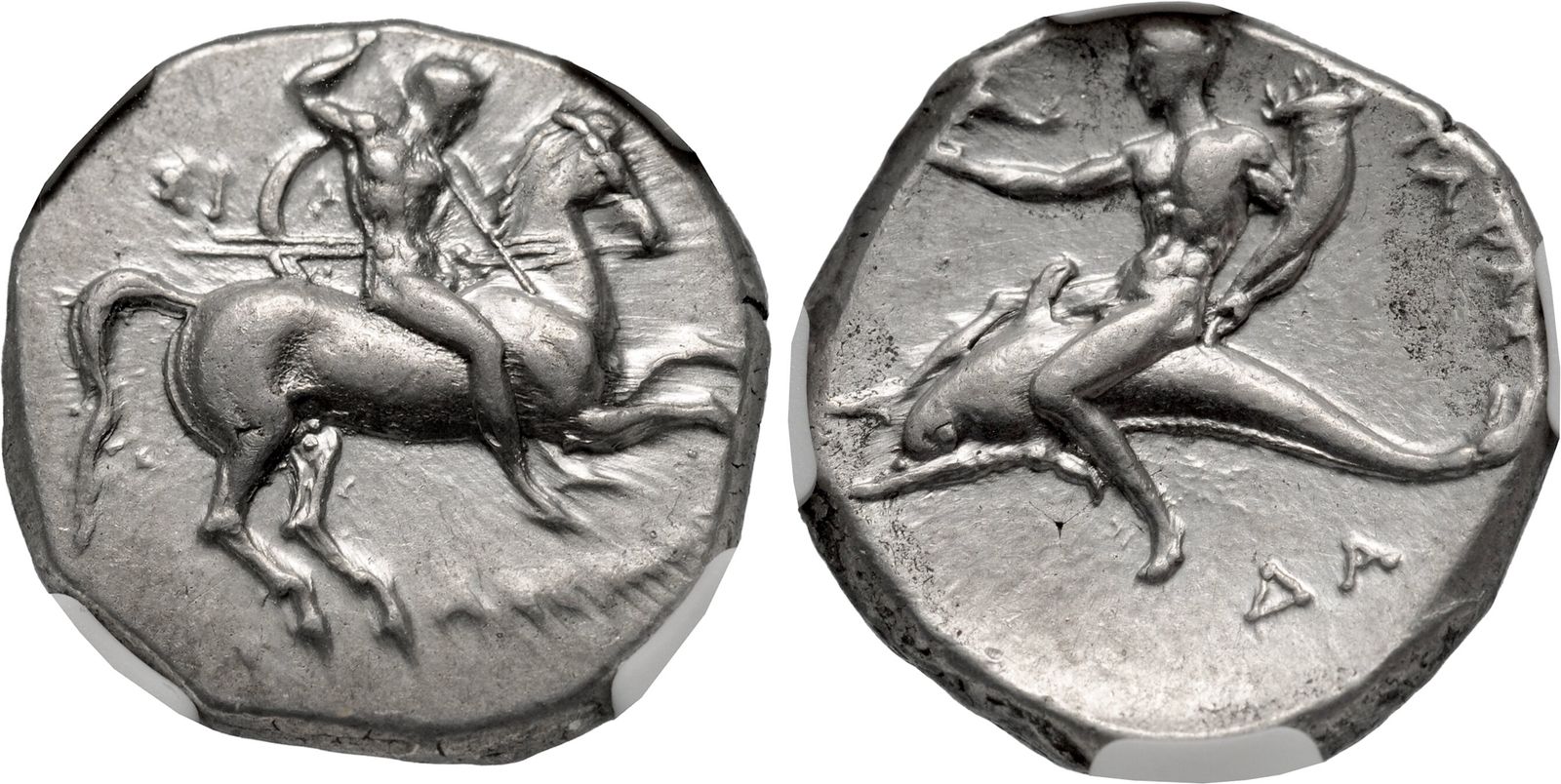CALABRIA, Tarentum. Circa 280 BC. AR Nomos (20mm, 7.88 g, 8h). NGC AU ...