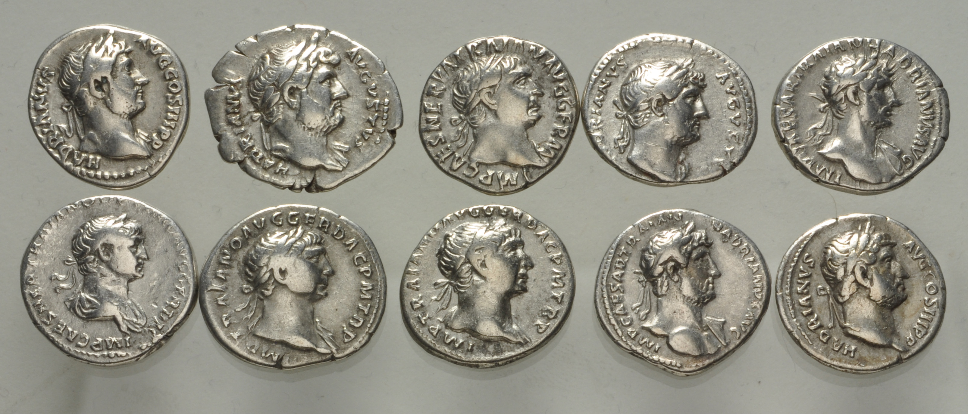 ROMAN. Imperial. Lot of ten (10) AR Denarii of Trajan and Hadrian ...