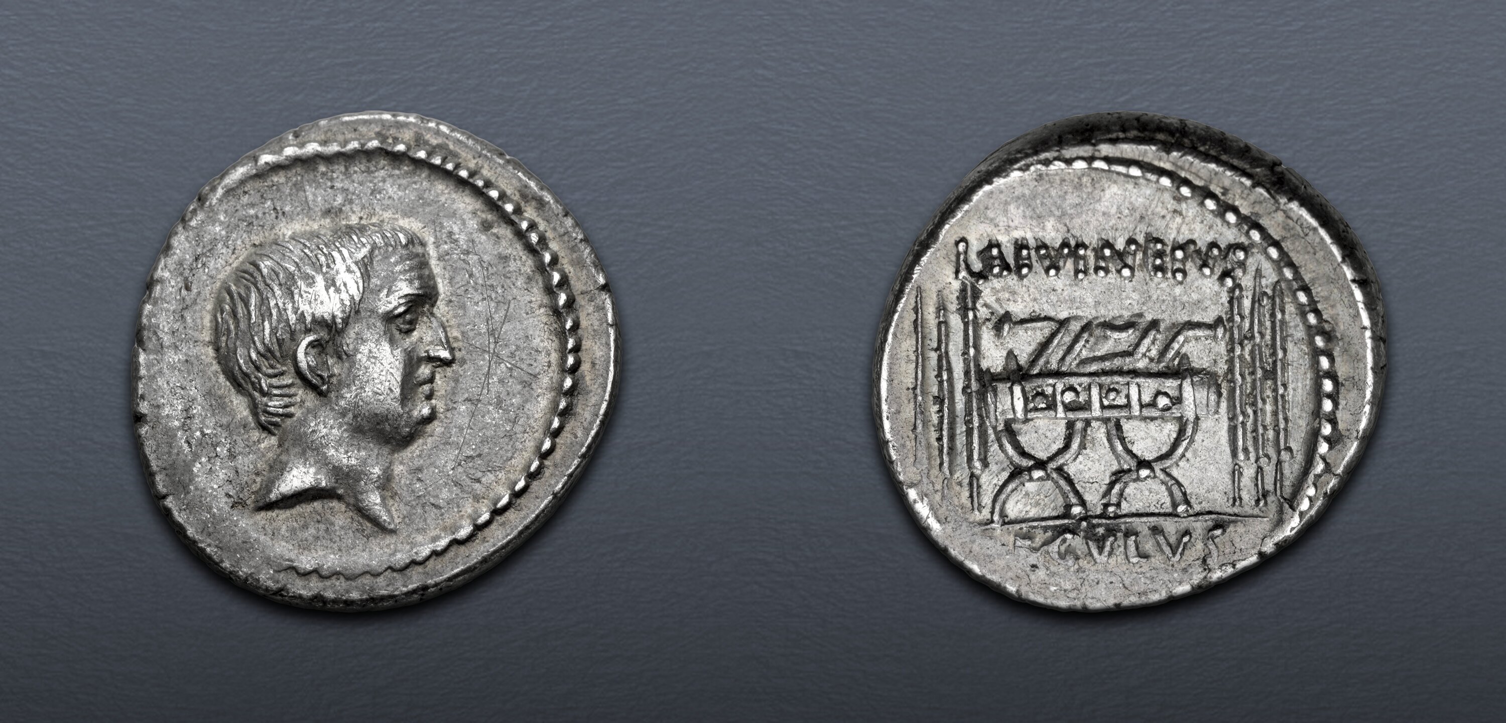 Moneyer issues of Imperatorial Rome. L. Livineius Regulus. 42 BC. AR Denarius (18mm, 3.93 g, 9h ...