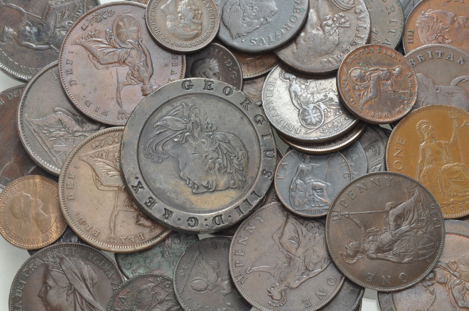 BRITISH. Miscellaneous. Lot of fifty-four (54) bronze and copper ...